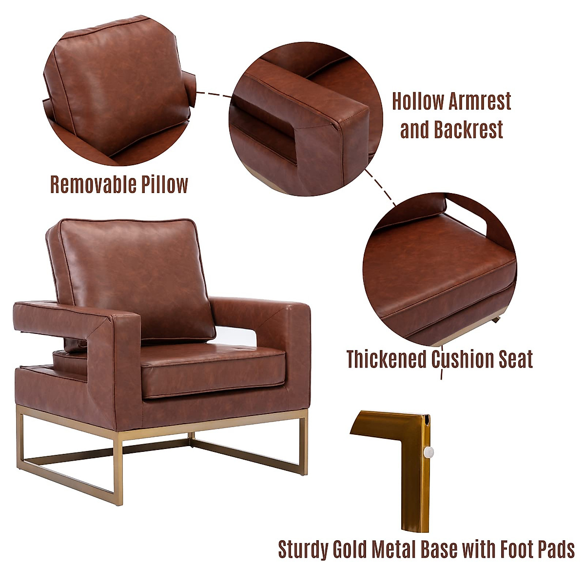 LukeAlon PU Leather Accent Club Chair, Upholstered Armchair with Gold Legs Modern Single Sofa Chair Comfy Reading Chair for Living Room, Brown