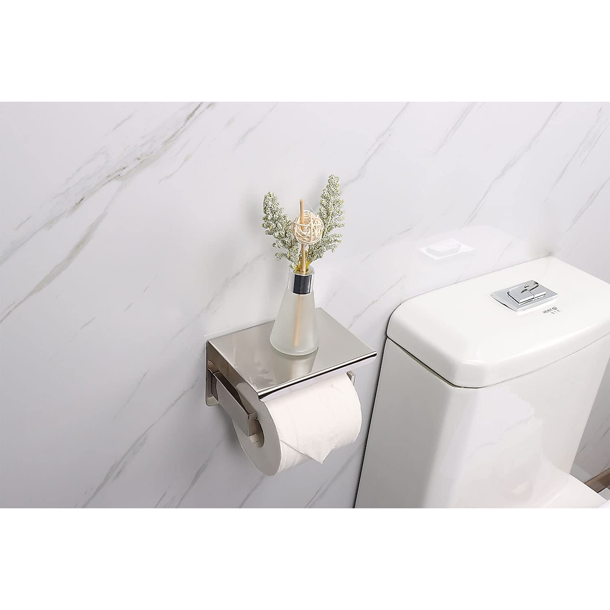 Vanloory Toilet Paper Holder with Shelf, SUS304 Stainless Steel Anti-Rust Paper Roll Holder, Drilling or Adhesive Tissue Paper Holder, Fit Big Roll Toilet Paper Dispenser Wall Mounted（Polished Chrome）