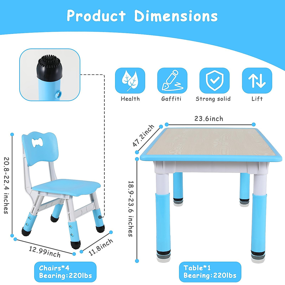 Arlopu Kids Table and 4 Chair Set, Height Adjustable Toddler Table and Chair Set, Non-Slip Legs, Graffiti Desktop, Large Children Activity Table, Reading Daycare Classroom Home (Blue)