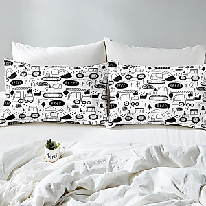Cartoon Cars Kids Fitted Sheet Full Size,Tractor Truck Excavator Toddler Bedding Set,Girls Boys Adults Room Decor,Construction Vehicles Bed Cover,Black White Chic Bed Sheet,2 Pillowcases