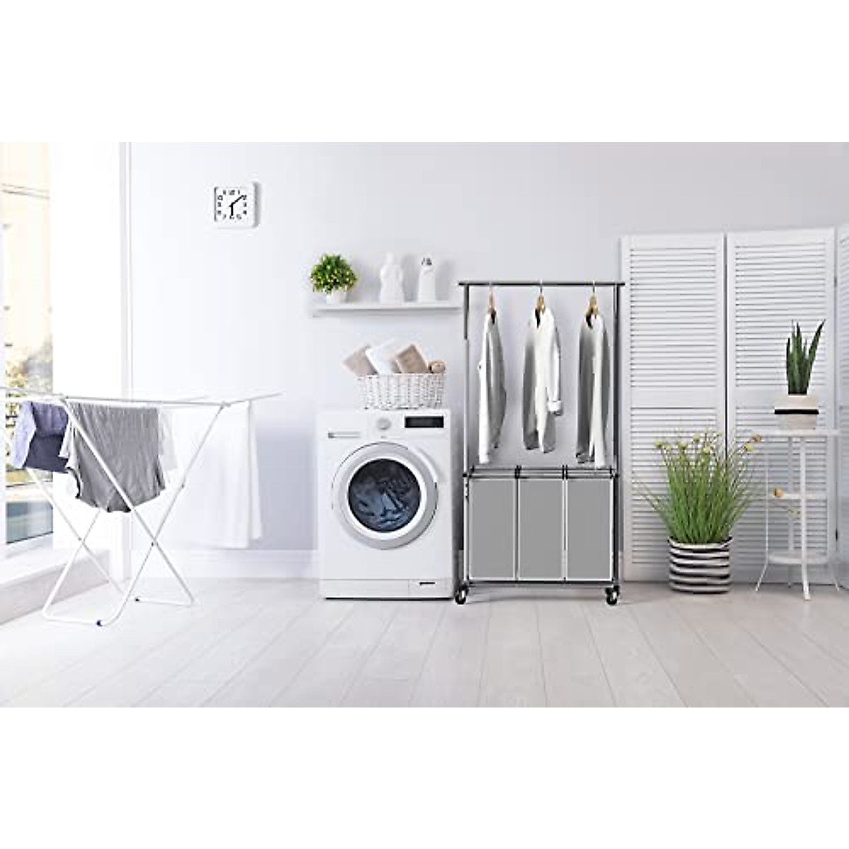SimpleHouseware 3 Bag Laundry Sorter Rolling Cart w/Garment Rack Hanging Rod, Silver