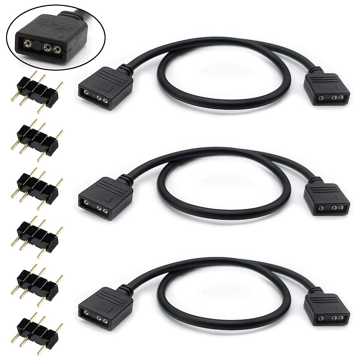 Jstincal (3-Pack) ARGB Extension Cable, 5V 3-Pin Addressable RGB Extension Cable, 1-to-1 Female to Female ARGB Cable for Extend Computer PC ARGB Fans/ARGB LED Lights, 30cm / 11.8in