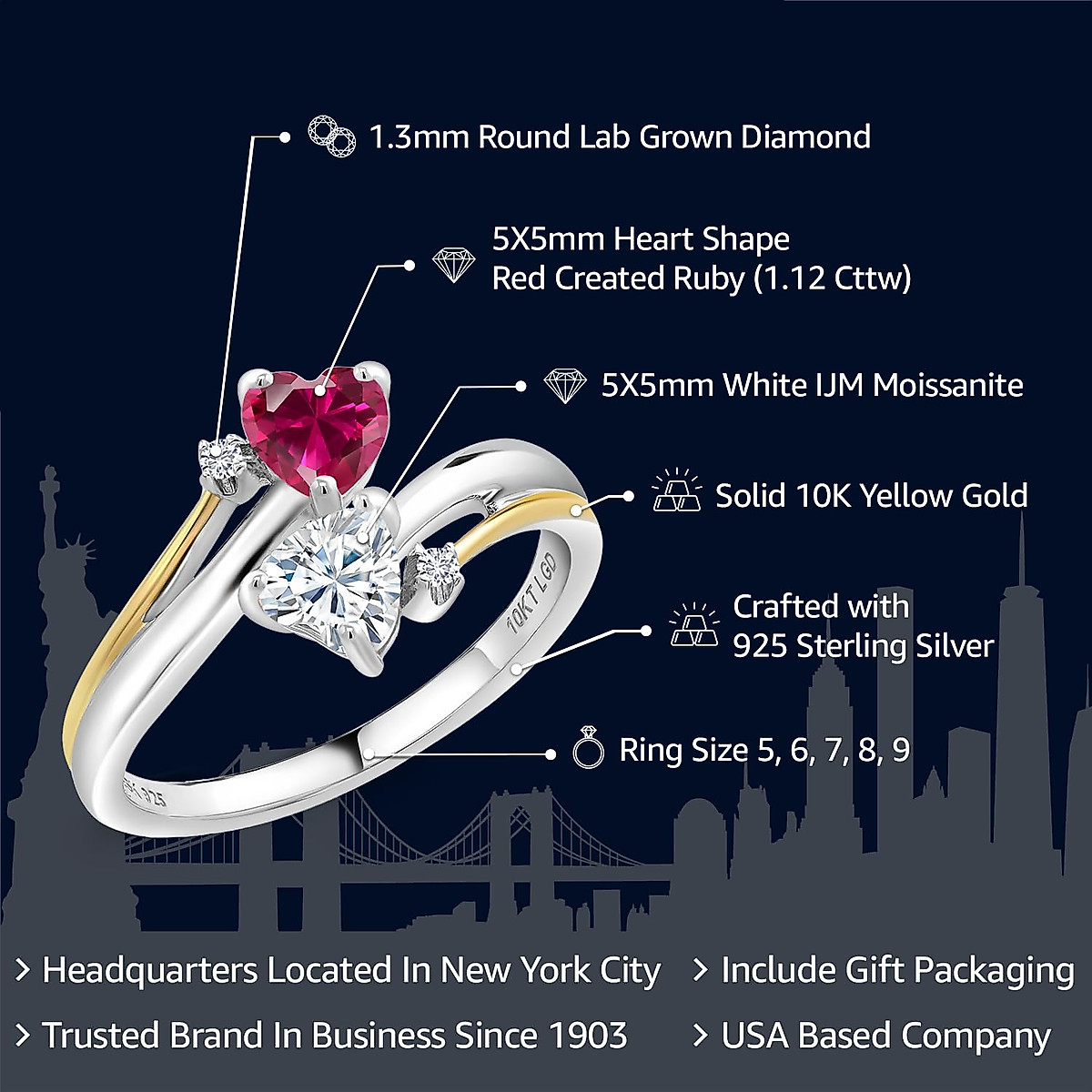 925 Sterling Silver and 10K Yellow Gold Red Created Ruby and Forever Classic Moissanite from Charles & Colvard 2 Heart Engagement Ring For Women (1.12 Cttw, Available In Size 5, 6, 7, 8, 9)
