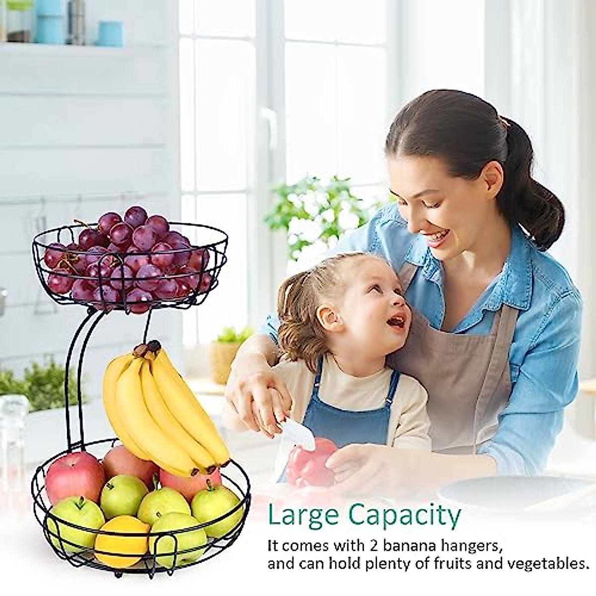 Sishynio 2-Tier Fruit Basket Bowl with 2 Banana Hangers for Kitchen Counter, Metal Wire Basket Vegetable Storage Countertop Fruits Stand Organizer, Detachable Fruit Holder for Bread, Snack, Veggies