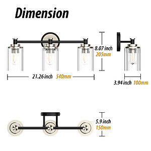 PHIXART Bathroom Lighting Fixtures Black and Brushed Nickel Bathroom Vanity Light with Cylindrical Clear Stripes Glass Lampshade E26 Socket Base Bathroom Lighting Fixtures Over Mirror (3 Lights)