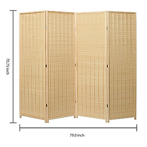 Decorative Freestanding Beige Woven Bamboo 4 Panel Hinged Privacy Screen Portable Folding Room Divider
