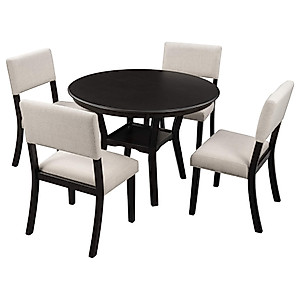 Lepfun 5-Piece Kitchen Set Round Table with Bottom Shelf, 4 Upholstered Chairs for Dining Room（Espresso）