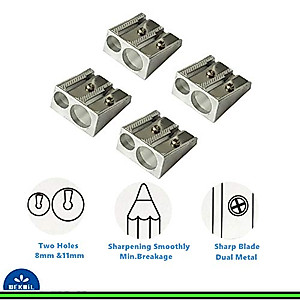 WEKOIL Pencil Sharpeners Manual Twin Metal Dual Sharpening Blade Double Holes Rectangular Pencil Sharpener for Colored Graphite Pencils Crayons Jumbo, Pack of 4,Silver