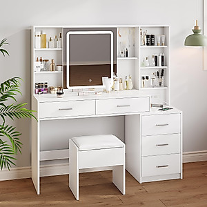 Makeup Vanity with LED Lighted Sliding Mirror, White Vanity Desk with 5 Drawers, Charging Station & Hidden Storage Shelves, Adjustable Brightness, Dressing Table Stool Set for Bedroom