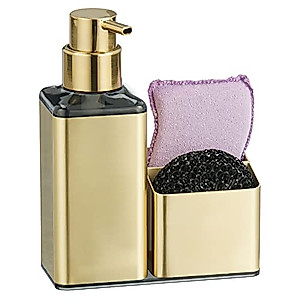 mDesign Modern Aluminum Kitchen Sink Countertop Liquid Hand Soap Dispenser Pump Bottle Caddy with Storage Compartments - Holds and Stores Sponges, Scrubbers and Brushes - Soft Brass Finish