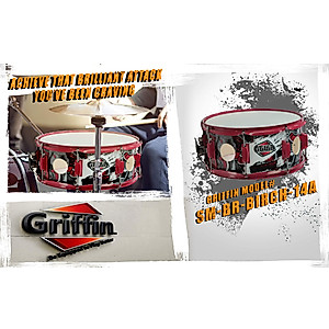 GRIFFIN Snare Drum Birch Wood Shell 14 X 6.5 Inch | Oversize 2.5" Large Vents & Custom Graphic Wrap (Limited Edition) | Red Hardware & Marching Drummers Key for Students & Pros | 8 Metal Tuning Lugs