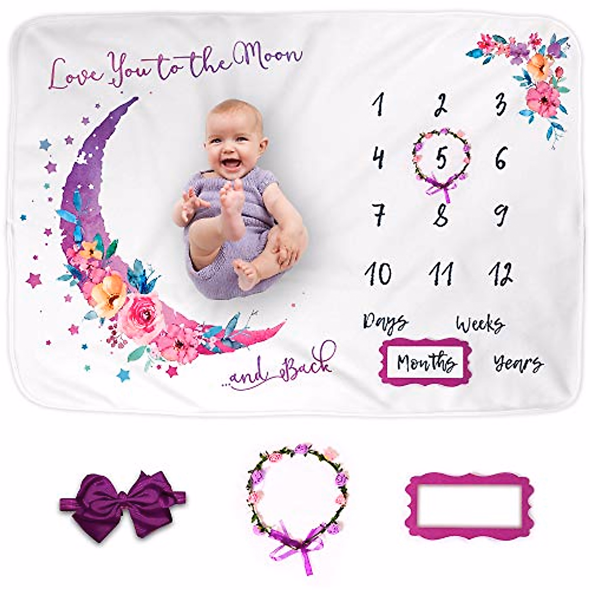 Luka&Lily Baby Monthly Milestone Blanket - 60"x40" Moon Blanket for Baby Girl Shower Gifts - First Year Calendar Growth Chart