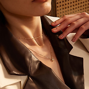 Valloey Rover Gold Star Necklace,Dainty 14K Gold Plated Sterling Silver Round Dot Tiny Heart Little Star CZ Choker Necklace Jewelry Gift for Women(NCK-Gold-star)