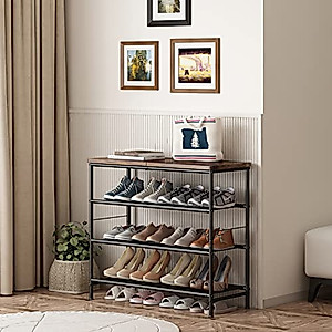 INGIORDAR Shoe Rack Organizer 4 Tier Metal Organizer Shelf with Industrial MDF Board and Layer Fabric for Entryway Closet bedroom Living Room Garage,Black & Rustic Brown