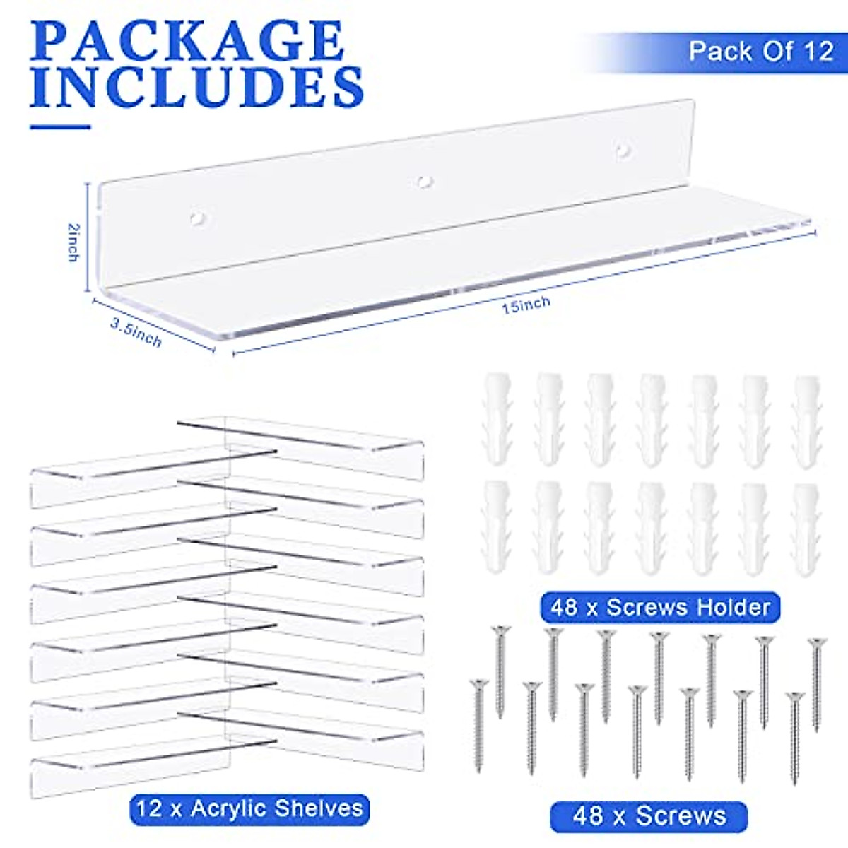 Qunclay 12 Pcs Clear Acrylic Shelves for Wall 15" Acrylic Floating Wall Shelf 4 mm Thick Wall Mounted Storage Shelf Long Clear Shelves for Bedroom Living Room Bathroom Kitchen Office Wall Display