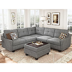 HONBAY Convertible Sectional Sofa, L Shaped Couch with Storage Ottoman, Reversible 4 Seat Corner Sofa for Small Apartment,Light Grey