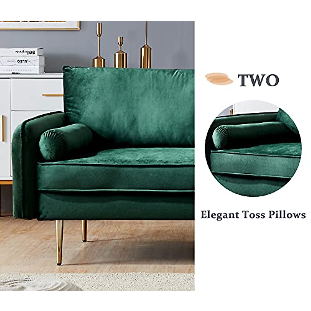 SLEERWAY Velvet Couch with 2 Small Pillows, Modern Loveseat Sofa Twin Size Contemporary Sofas for Living Room and Bedroom (Green)