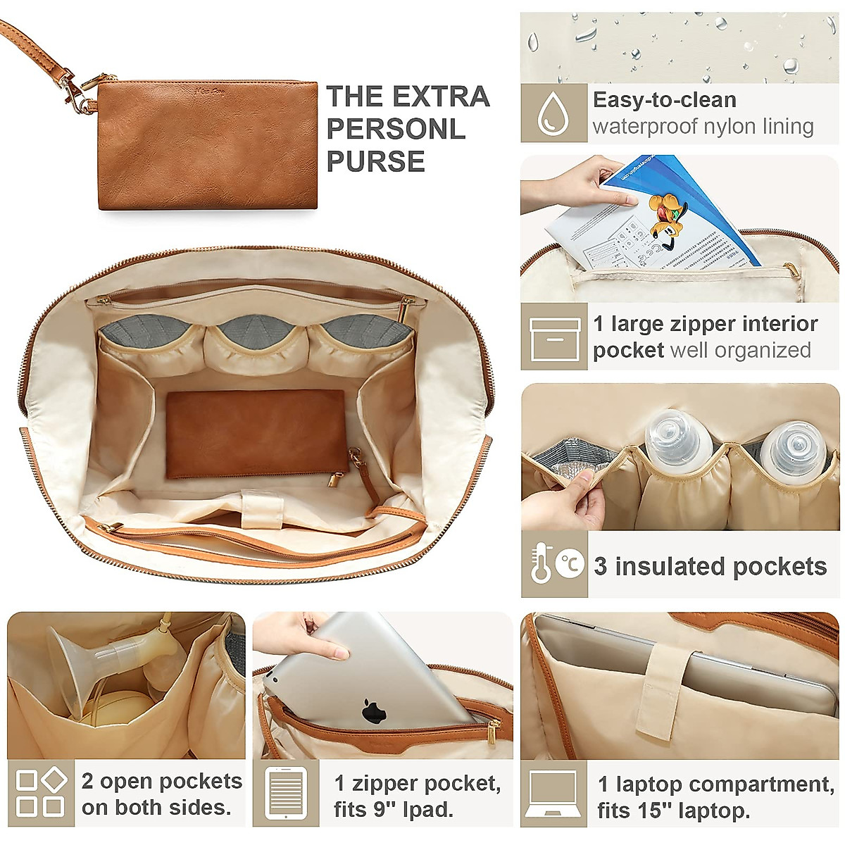 miss fong Diaper Bag Tote, Hospital Bag Essentials for Mom,Mommy Bag,Maternity Bags with Large Capacity and Multiple Pockets(Brown)