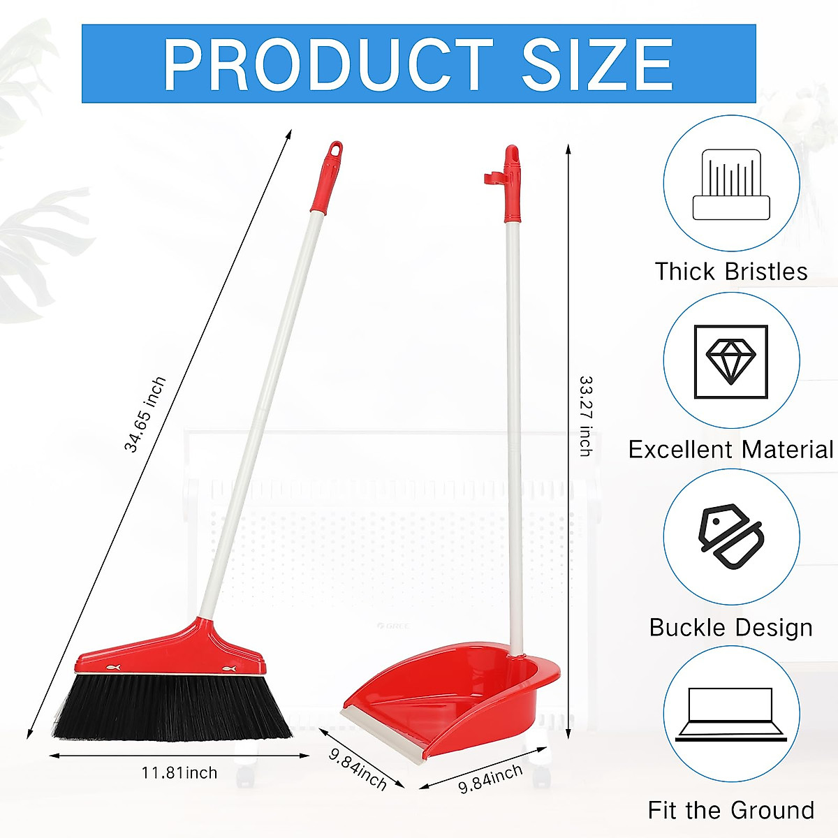 WILLBOND 12 Set Broom and Dustpan Set, Long Handle Broom with Upright Standing Dustpan, Broom with Dustpan Combo Set for Outdoor Kitchen Lobby Office Floor Cleaning (Red)