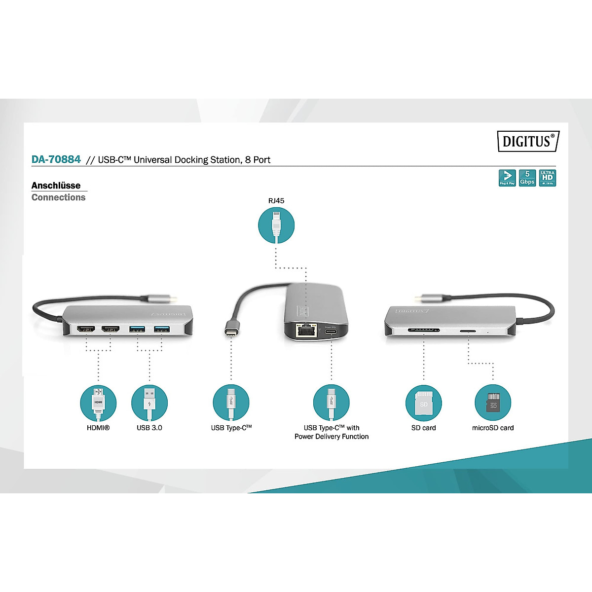 Digitus 8-Port USB-C Dock, 2xUSB3.0, 1xRJ45, 2xHDMI, 1xPD, 1xMicro SD, 1xSD, Grey