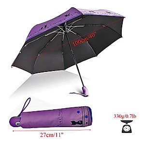 umbresen Windproof Compact Travel Folding Cute Cat Umbrella,Auto Open Close Rain&Sun Lightweight Portable Umbrellas with Cover for Kids Women Men (Purple)