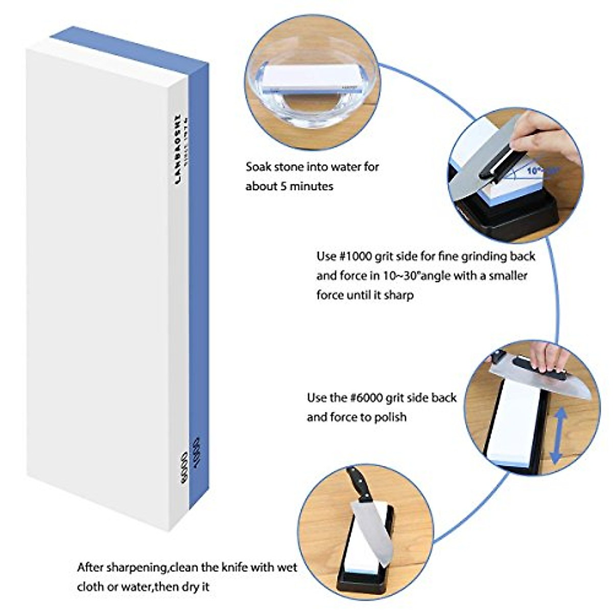 Knife Sharpening Stone Set,Whetstone Dual Sided 1000/6000 Grit Waterstone with Angle Guide Non Slip Rubber Base Holder, Knife Sharpeners Tool Kit for Kitchen Hunting (Blue + black)