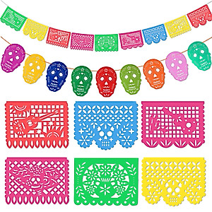 HOWAF 2 Pcs Plastic Papel Picado Mexican Fiesta Banners Day of The Dead Skull Bunting Banner Halloween Dia De Los Muertos Mexicano Banners for Cinco De Mayo Decorations Mexican Party Supplies