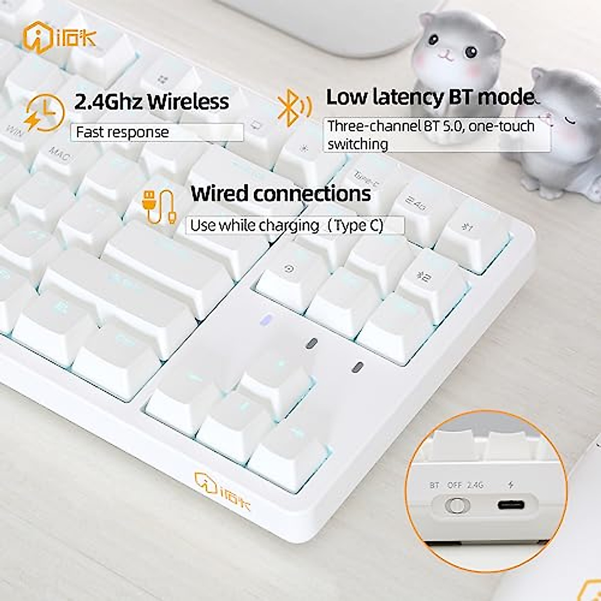 IROK FE87/104 Pro Wireless hot-swappable Gaming Keyboard, backlighting Mechanical Keyboard, Silenced Construction, Bluetooth/2.4G/Wired for Windows PC Gamers White-Red Switch