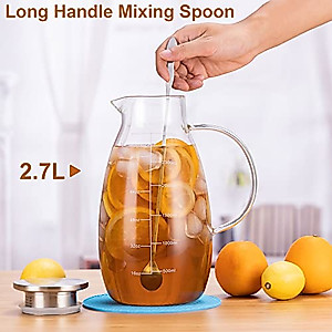 Glass Pitcher, 91 oz/2.7L Glass Water Pitcher with Lid and Handle, Carafe Pitcher for Beverage, Hot Cold Drinking, Boiling water on electric stove, Stainless Steel Lid and Borosilicate Glass