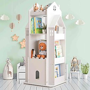 MOUDAO Kids Bookshelf 360° Castle White Rotating Bookshelf Toy Storage Organizer Rack Revolving Corner Bookshelf for Kids Toddler Children Home Office Furniture Bookcase