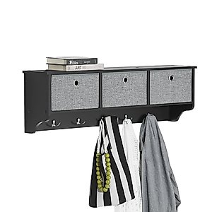 Haotian Wall Shelf with Hooks, Coat Rack Wall Mount with Shelf Entrywall Storage Cabinet Unit with 3 Baskets 5 Hooks, Black, FRG282-SCH
