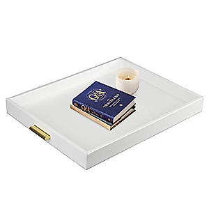 HofferRuffer Extra Large Serving Tray with Handles, Elegant Faux Leather Storage Decorative Tray for Coffee Table, Ottoman, Console Table (White Tray+Golden Handle)