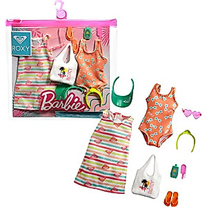 Barbie Storytelling Fashion Pack of Doll Clothes Inspired by Roxy: Striped Dress, Roxy Swimsuit & 7 Beach-Themed Accessories Including Frozen Treat, Gift for 3 to 8 Year Olds