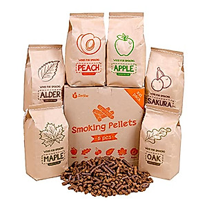 Zorestar Apple Cherry (Fruit Mix) - 13-15lb - Wood Chunks for Smoking and Grilling Smoker Pellets Variety Pack - 100% All-Natural Wood Smoking Pellet - Set of 6 Packs - Oak, Maple, Apple, Peach, Alder