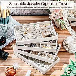 16 Pcs Small Stackable Jewelry Organizer Trays for Drawers, 8.3x5x1 Inch Small Velvet Jewelry Closet Dresser Inserts Divider Rings Earring Storage Display Gift for Women Girl Wedding Birthday (Beige)