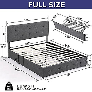 Upholstered Full Size Platform Bed Frame with 4 Storage Drawers and Headboard, Square Stitched Button Tufted, Mattress Foundation with Wooden Slats Support, No Box Spring Needed, Grey (Full)