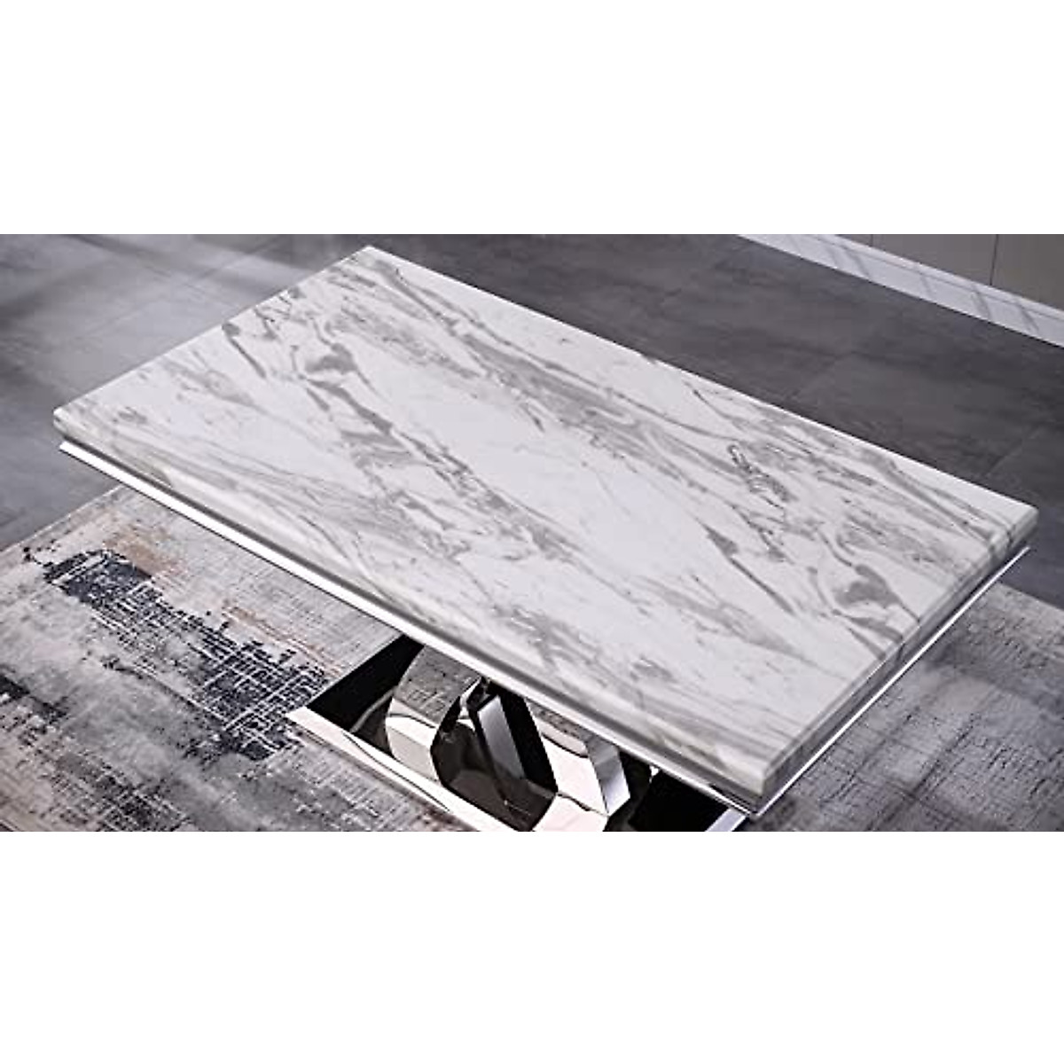 AZhome Dining Room Table, 65" White Dining Room Table, Grey Rectangle Tabletop and Silver Mirror Metal Double X Base, Modern Luxury Dining Table Set for 4 to 6 Dining Room