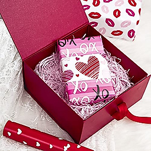 WRAPAHOLIC 1 Pcs 8x8x4 Inches Red Happy Valentine's Day Gift Box with Satin Ribbon, Collapsible Gift Box with Magnetic Closure and 2 Pcs White Tissue Paper, Perfect for Valentine's Day Gift Wrap