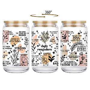 Coolife Positive Daily Affirmations Cup - Mental Health, Funny Sobriety, Christmas, Inspirational, Motivational Gifts for Women, 16 oz Drinking Tumbler Glass Cups w/Lids Straws for Iced Coffee