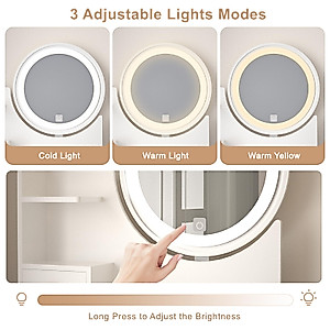 ARTETHYS Small Vanity Desk Set with 3 Adjustable Lighted Mirror and Storage Shelf White and Grey Tiny Vanity Table with Drawer for Bedroom 24 Inch Makeup Vanity Compact Dressing Table for Small Space