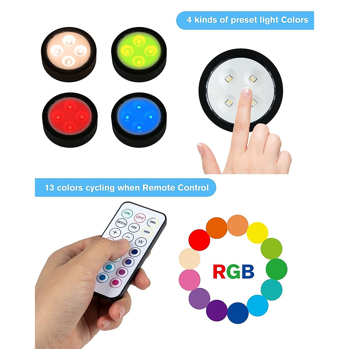 UNIWA LED Puck Lights with Remote,Under Cabinet Lights Wireless,13 Colors Changeable LED Closet Light Dimmable,AA Battery Powered Push Night Lights with Timer Function