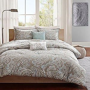 Madison Park Pure Ronan Cotton Comforter Set - Casual Paisley Design, All Season Alternative Down Cozy Bedding, Matching Shams, Decorative Pillows, Blue King/Cal King(104"x92") 5 Piece
