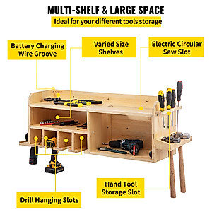 VEVOR Power Tool Organizer, Wall Mount Drill Holder, 4 Drill Hanging Slots Drill Charging Station, 3-Shelf Cordless Drill Storage, Polished Wooden Toolbox for Saw, Impact Wrench, Screwdriver Drill