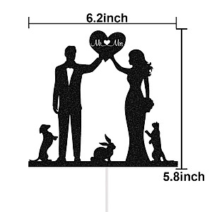 Mr & Mrs Wedding Cake Topper, Bride and Groom with Pet Dog Cat Rabbit Silhouette Party Cake Decorations, Engagement Bridal Shower Bachelorette Cake Decors Black Glitter