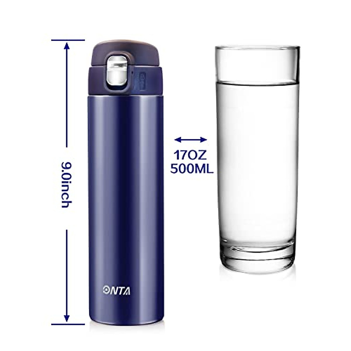 ONTA Insulated Vacuum Sports Water Bottle, 17OZ/500ML Keeps Cold 20H, Hot 12H Stainless Steel Water Bottle and Leakproof Thermos Coffee Travel Mug