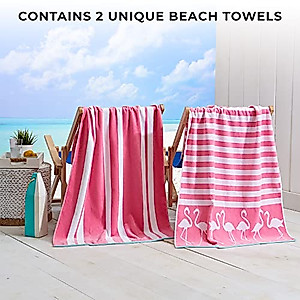 Great Bay Home Large Beach Towel Set of 2 - Striped Flamingo Pink Beach Towels for Adults and Velour Pool Towels 100% Cotton - Lightweight Quick Dry Beach Towel Pack - Beach Towel for Travel