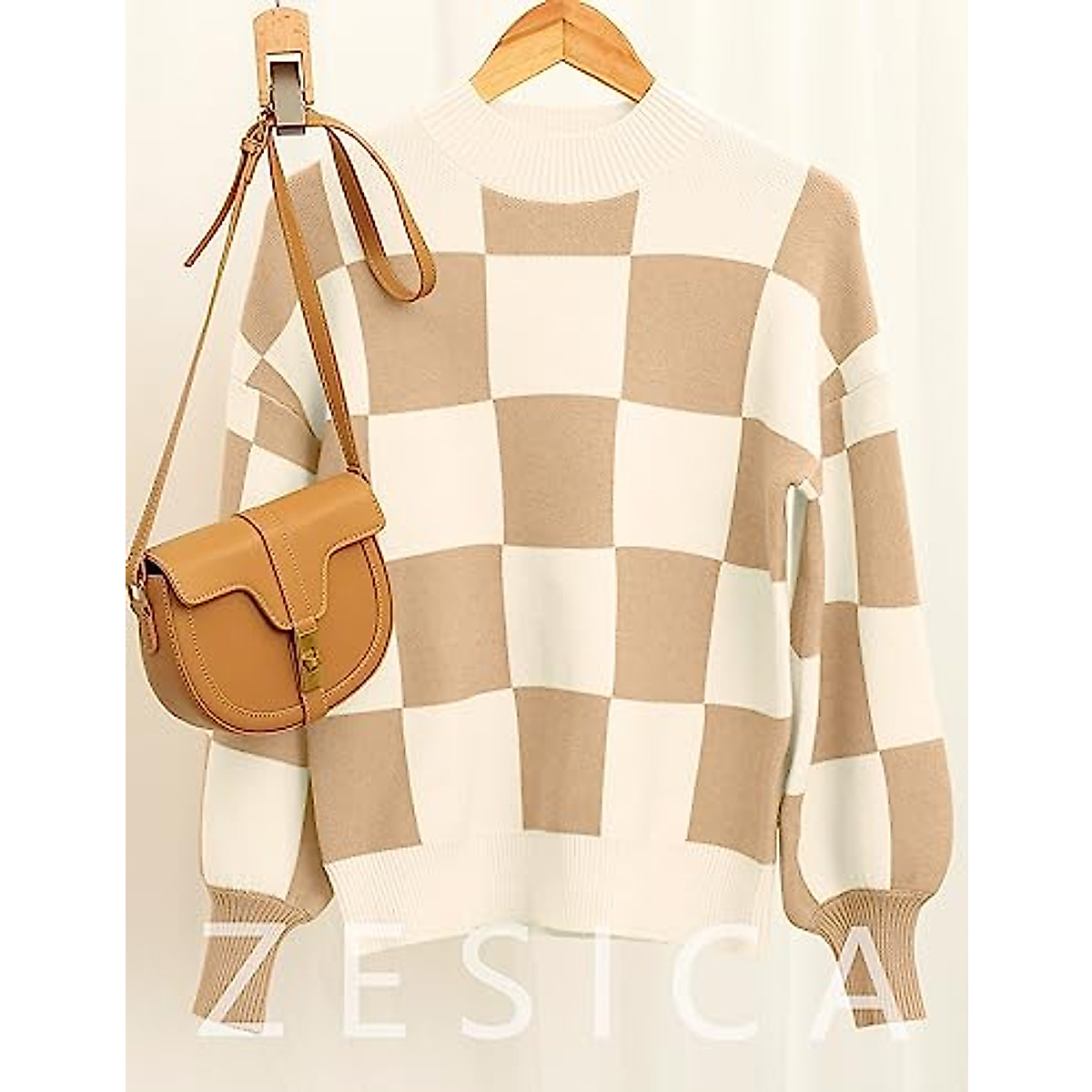 ZESICA Women's 2023 Fall Fashion Turtleneck Long Sleeve Striped Ribbed Knit Loose Pullover Sweater Tops,KhakiPlaid,Small