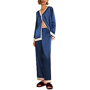 Ekouaer 2 Piece Pajama Set for Women Silk Pajama Pants Sets Long Sleeve Pjs Oversized Sleepwear,Navy Blue,L