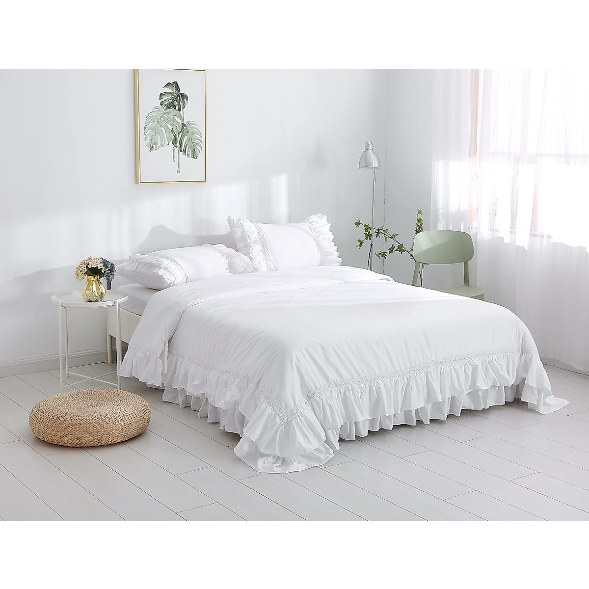 Meaning4 White Twin Duvet Cover with Ruffles and Lace Quilt Cover Egypt Cotton 68x90 Inch 1 Pieces Solid (Not Include Pillowcases and Insert)