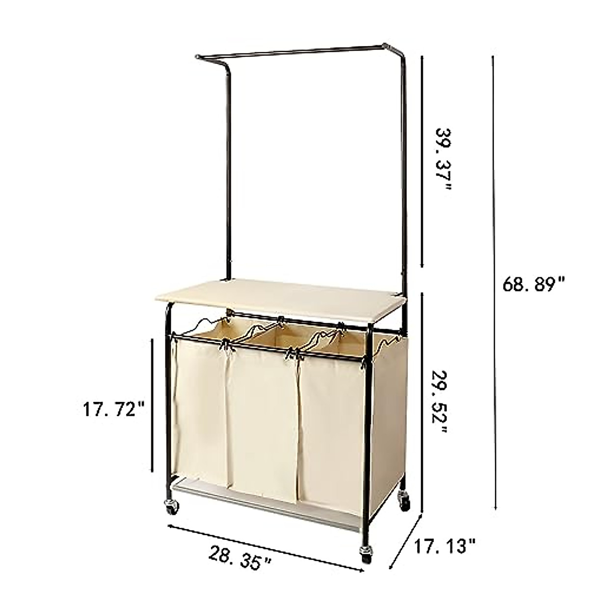 MYOYAY 3 Section Laundry Sorter with Garment Hanging Bar Rack Foldable Ironing Board, Laundry Basket Organizer Heavy Duty Laundry Hamper Rolling Cart with Lockable Wheels and 3 Removable Bags